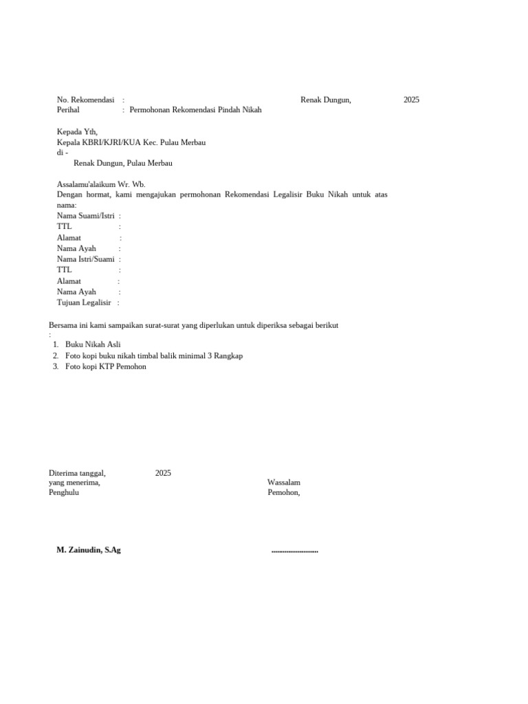 Format Rekomendasi Legalisir Buku Nikah | PDF