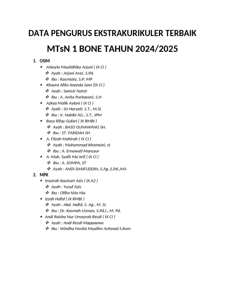 Data Pengurus Ekstrakurikuler Terbaik | PDF