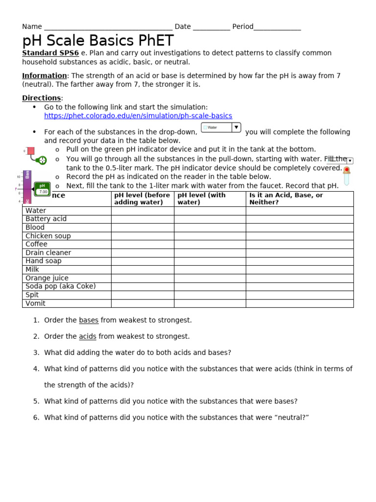 PH Scale Basics PhET 2024 | PDF