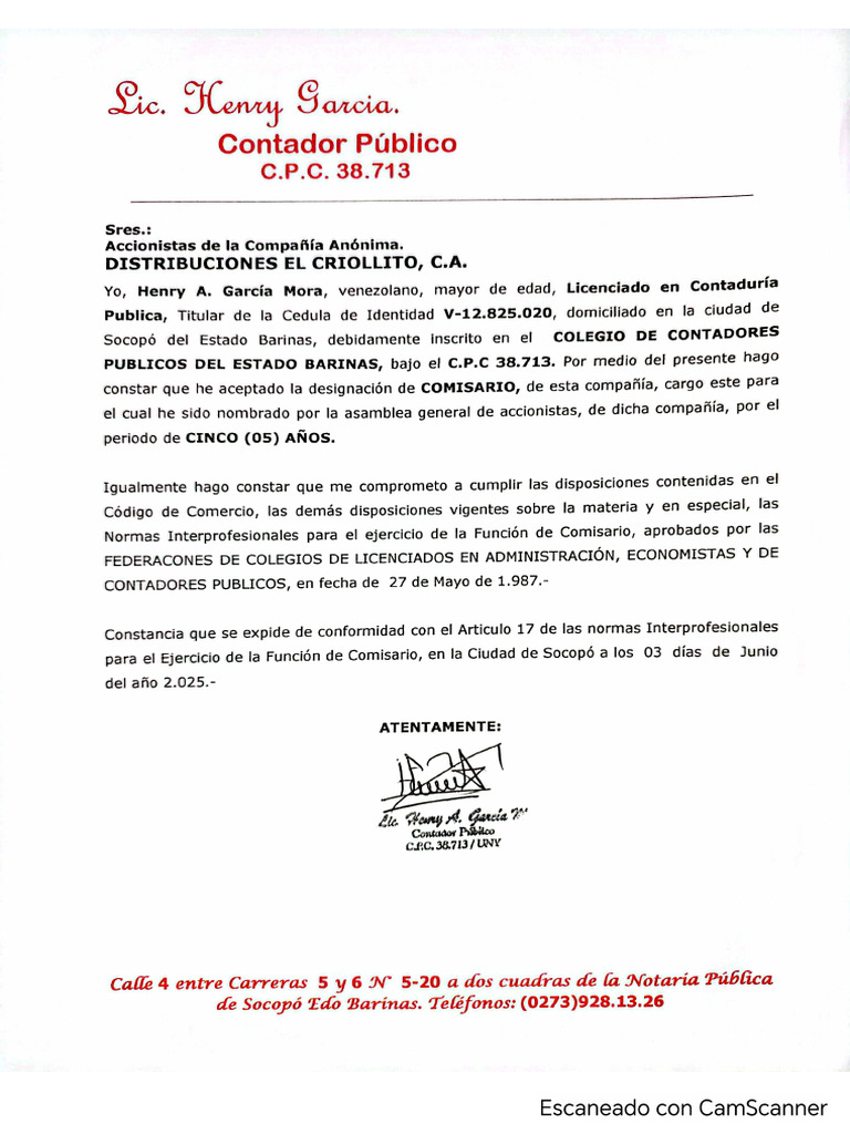 Aceptación de Comisario | PDF