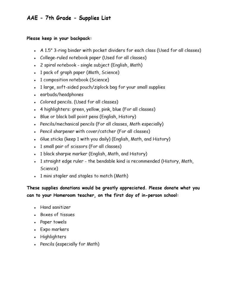 7th Grade Suggested Supplies List 22 23. | PDF
