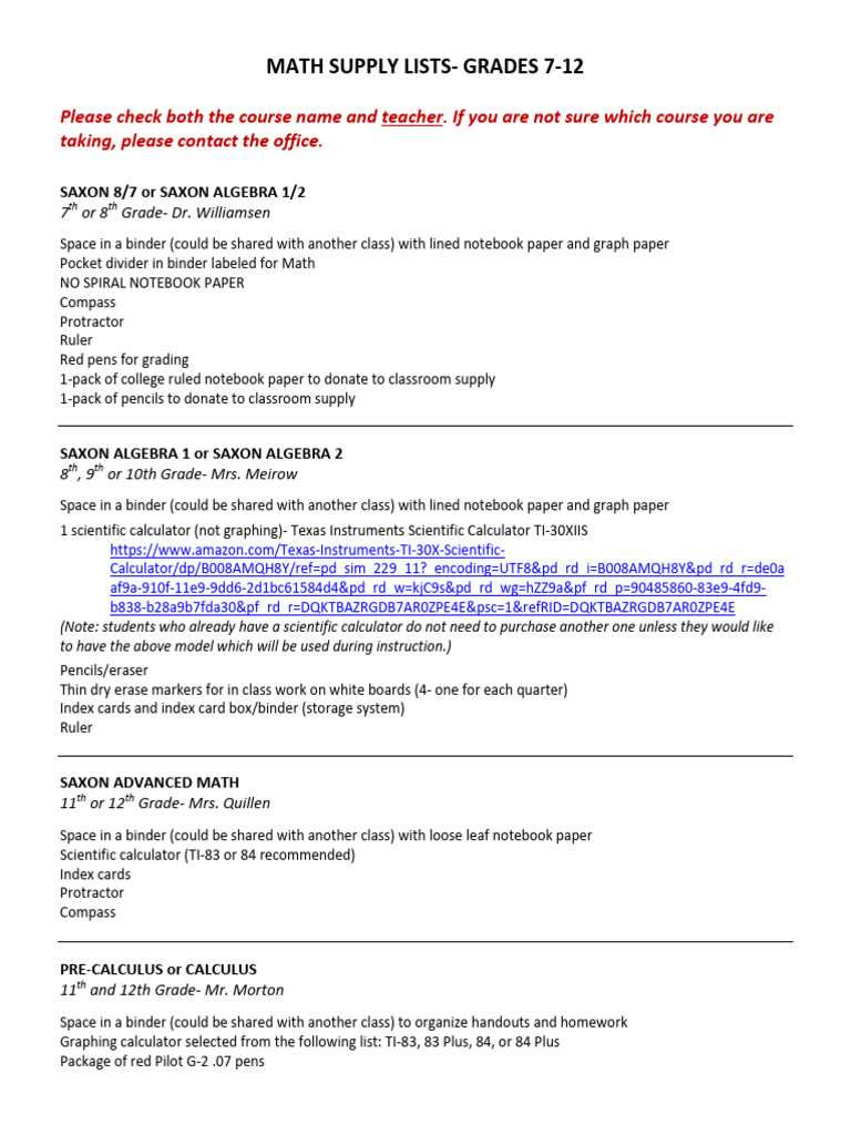 Math Supply List - Grades 7-12 | PDF