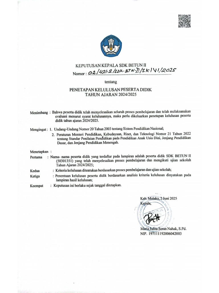 SK Penetapan Kelulusan SDK Betun II 2025 | PDF