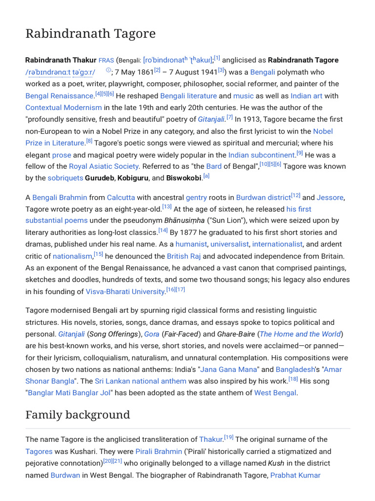 Rabindranath Tagore - Wikipedia | PDF | Rabindranath Tagore