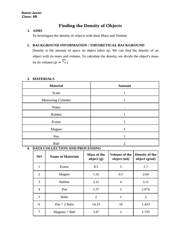 Lab Report - Density Experiment | PDF | Density | Volume
