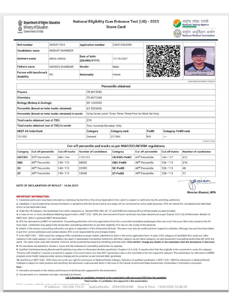 Akshat Shanker NEET Scorecard | PDF