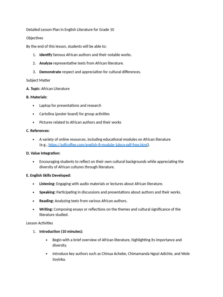 Grade 10 African Literature Lesson Plan | PDF | Lesson Plan | African ...