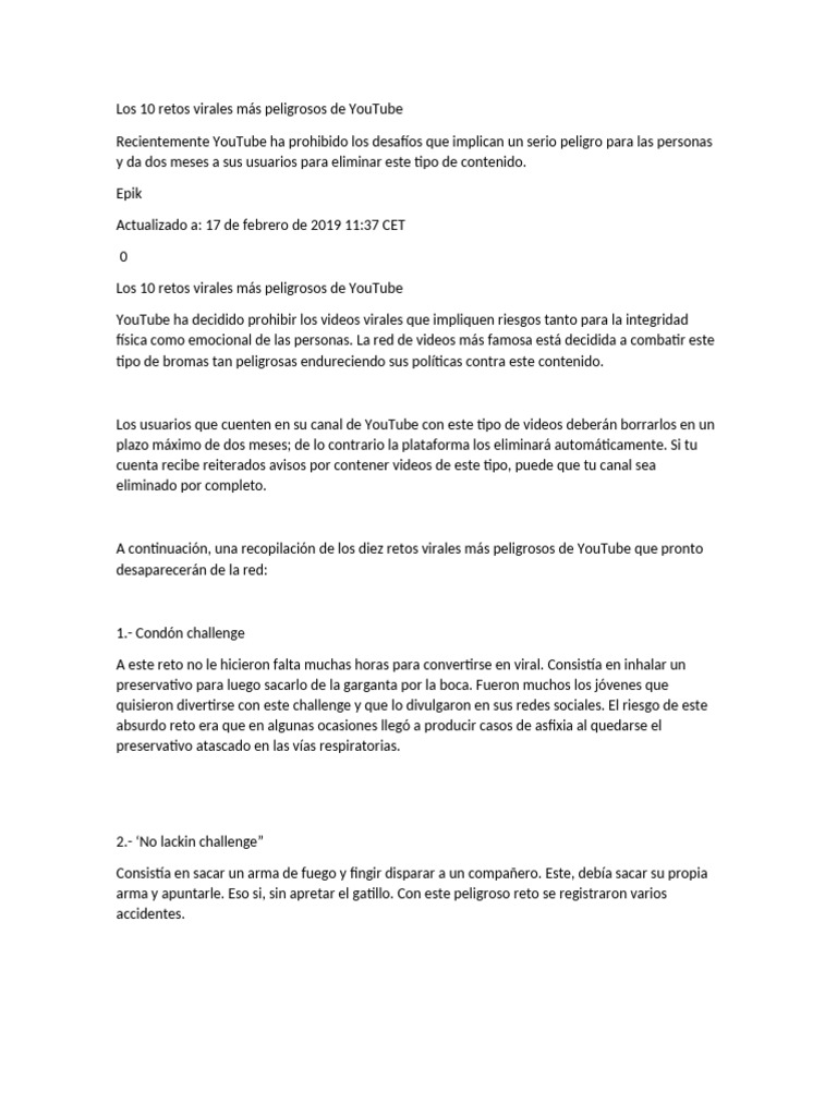 Retos peligrosos de YouTube | PDF | Youtube