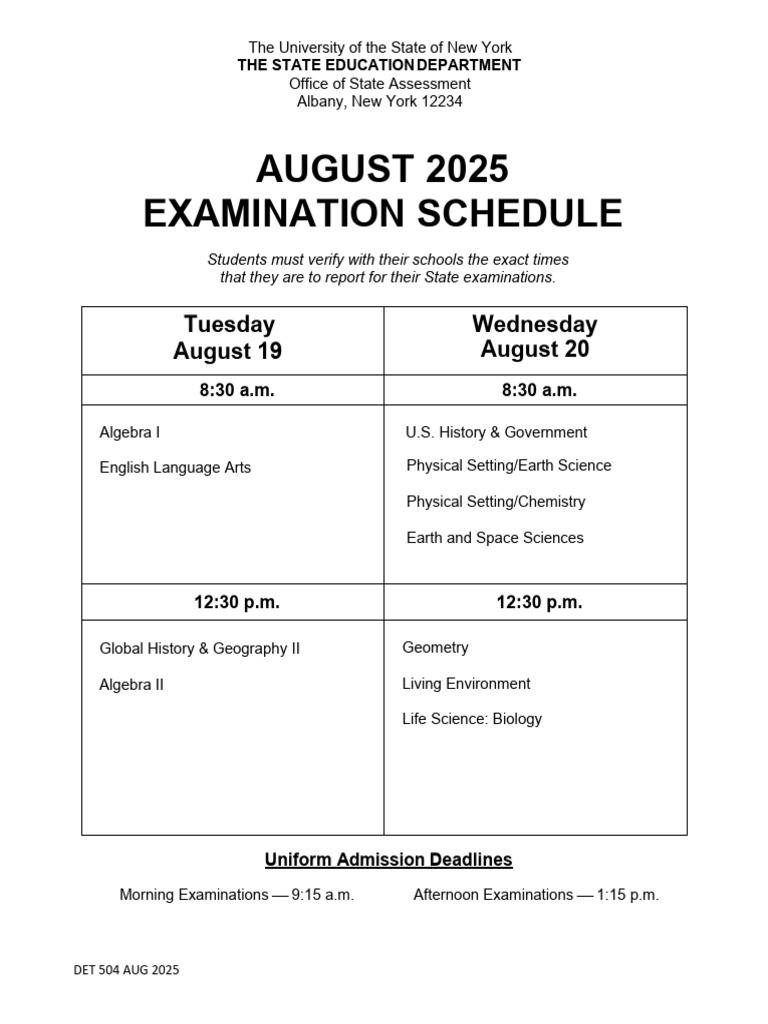 August 2025 Regents Exam Schedule | PDF