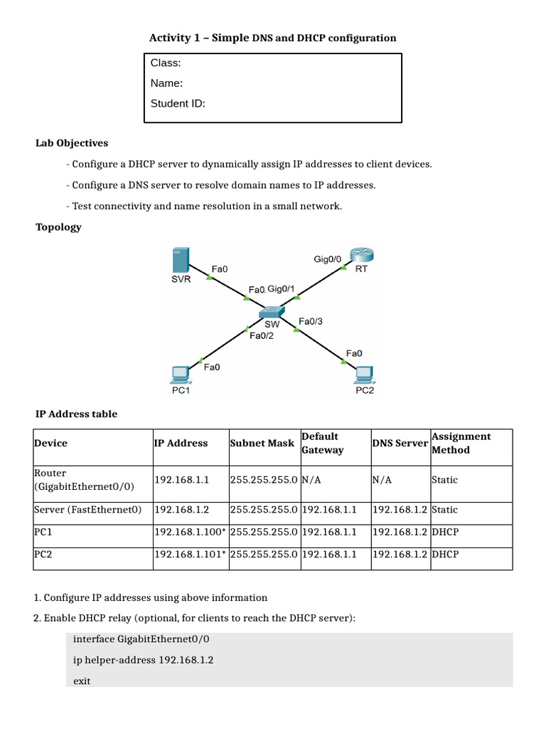 Activity 1 - Simple DNS and DHCP | PDF | Ip Address | Domain Name System