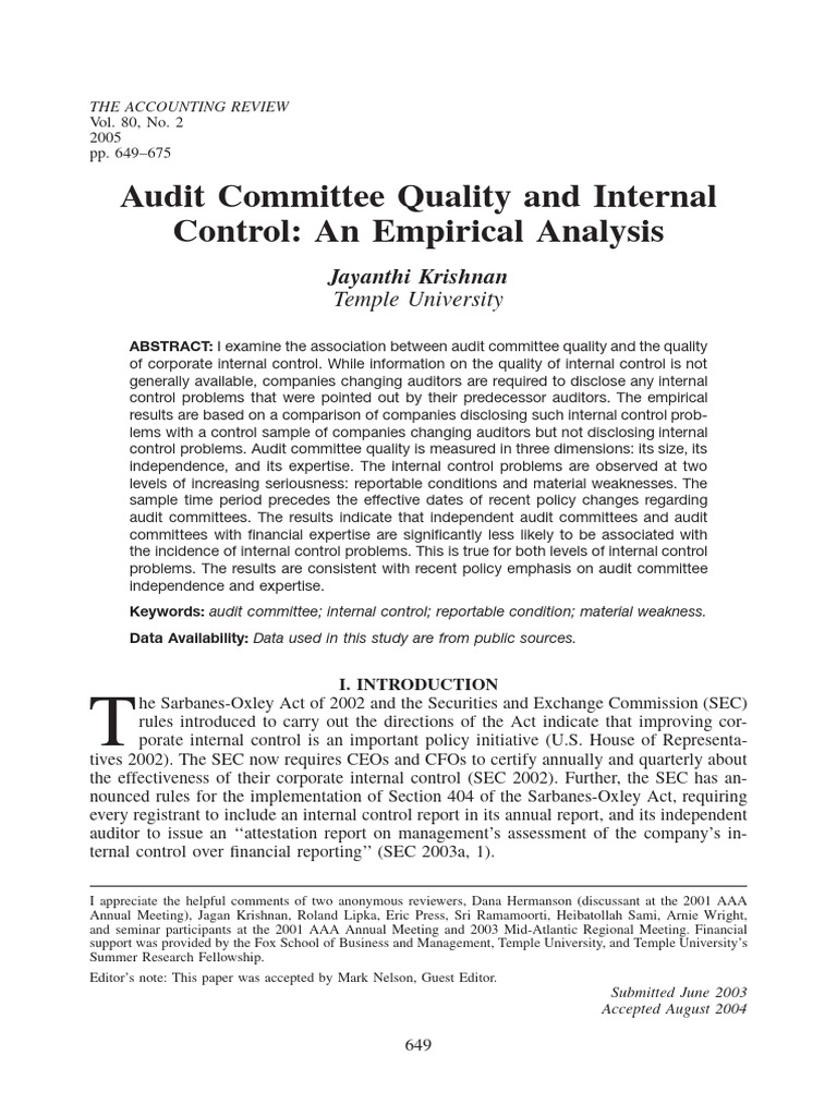 Audit Committee Quality and Internal Control | PDF | Internal Control ...