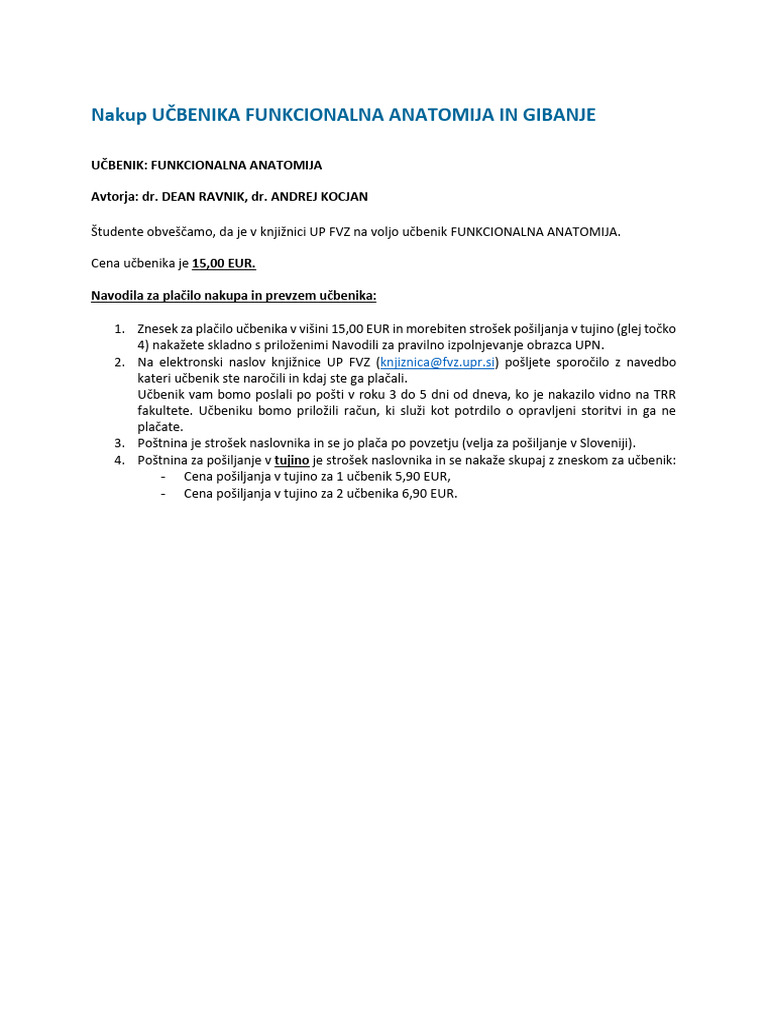 Obvestilo Prodaja Funkcionalna Anatomija | PDF