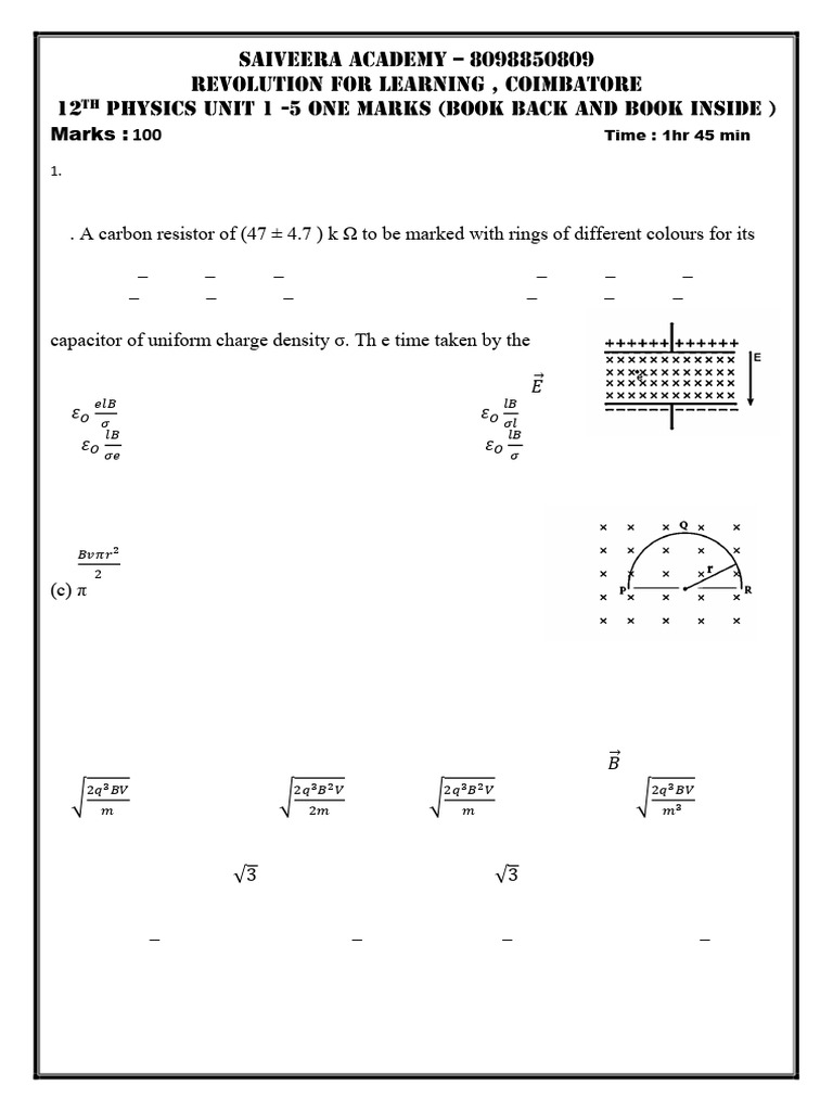 Physics 1 Mark Question Paper | PDF | Inductor | Capacitor