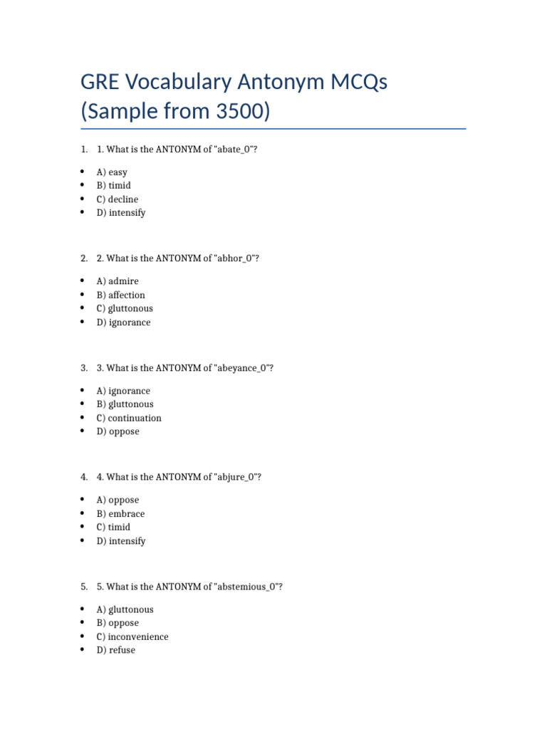 GRE Full Antonym MCQ Questions | PDF
