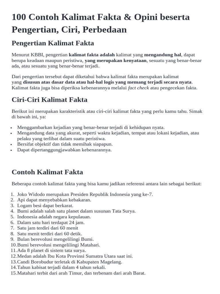 100 Contoh Kalimat Fakta | PDF