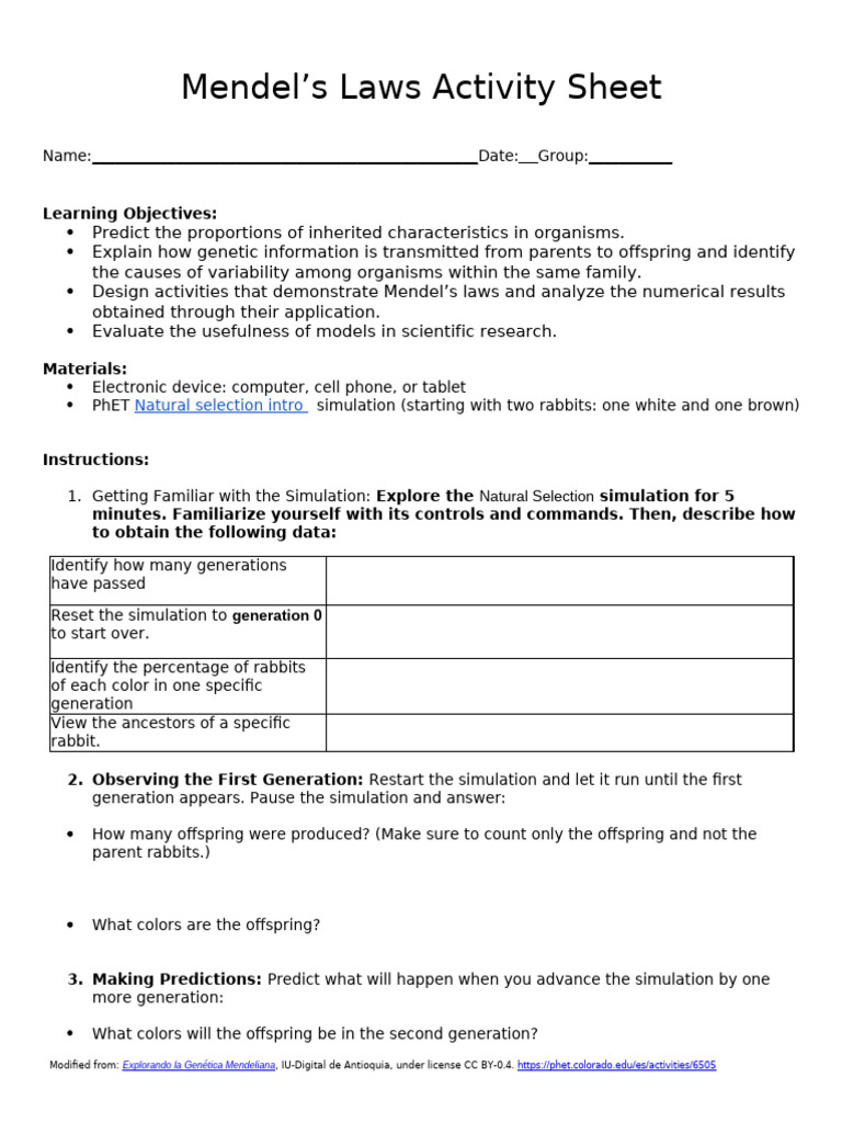 Mendels Laws Activity Sheet | PDF | Biology | Evolutionary Biology