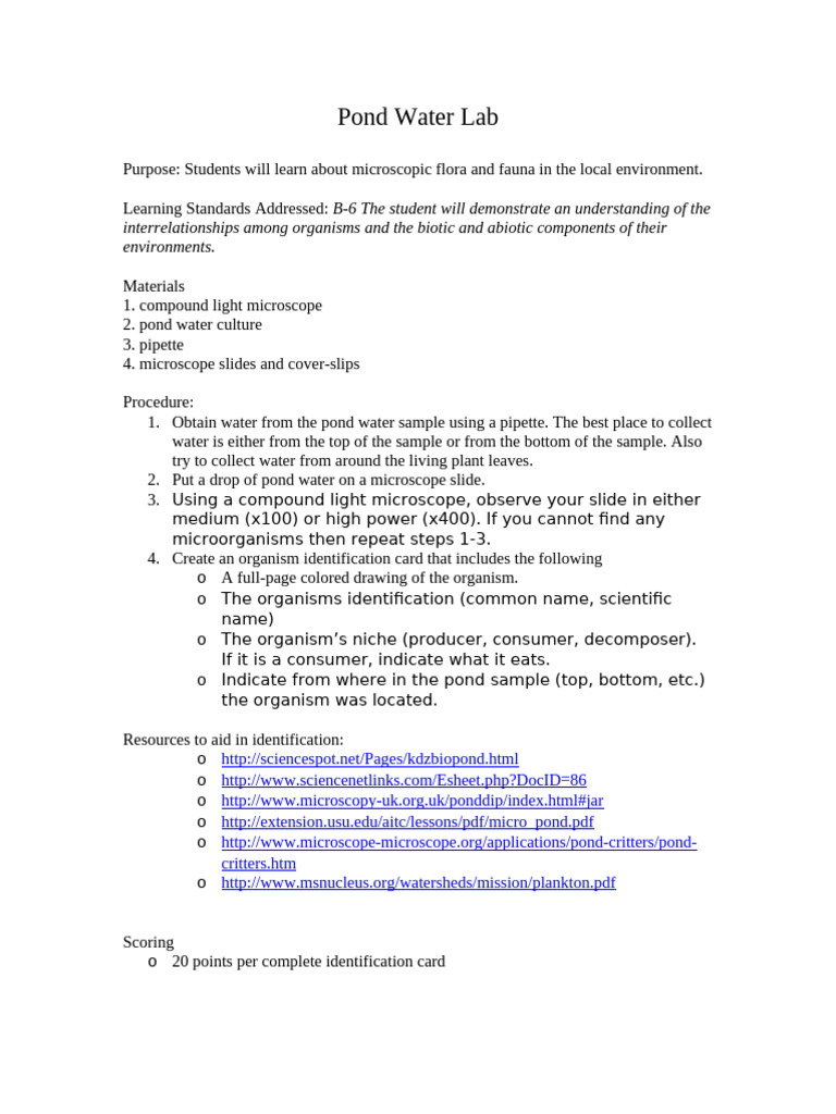 Pond Water Microscopy Lab Guide | PDF