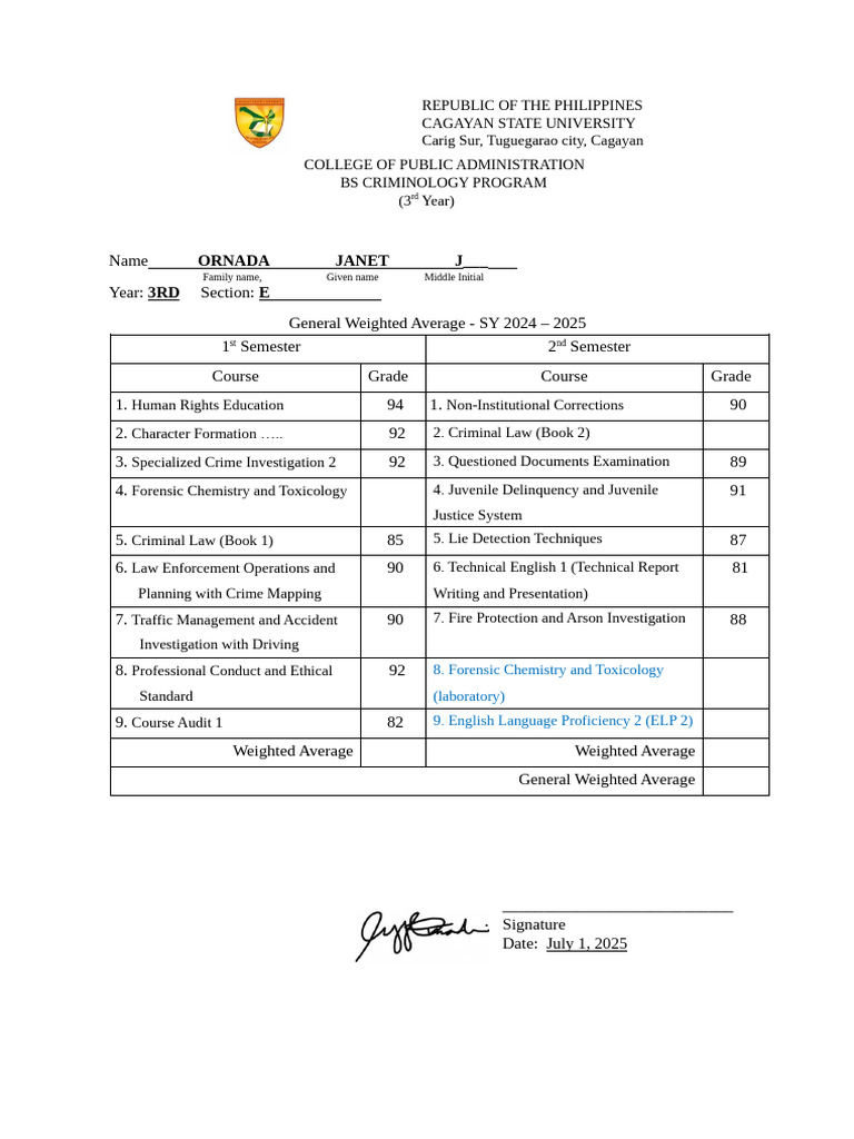 Cagayan State University Criminology Grades | PDF