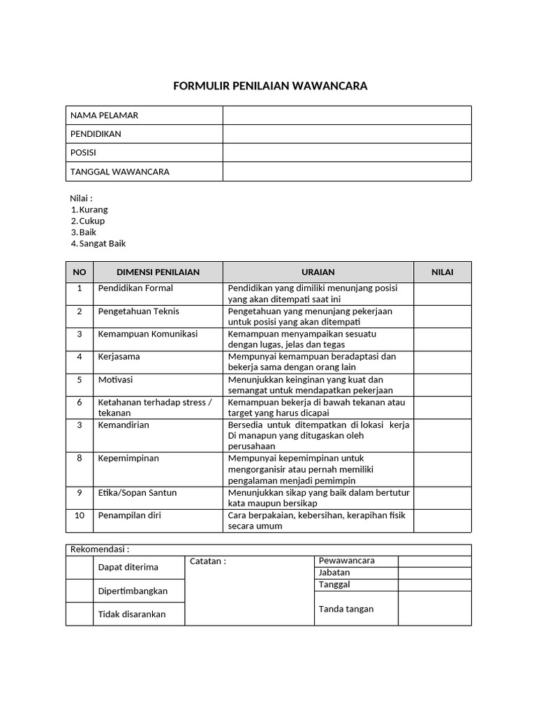 FORM HR 003 Penilaian Interview Kandidat | PDF