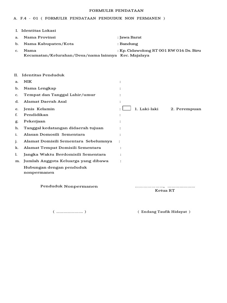 F 4 01 Formulir Pendataan Penduduk Non Permanen | PDF