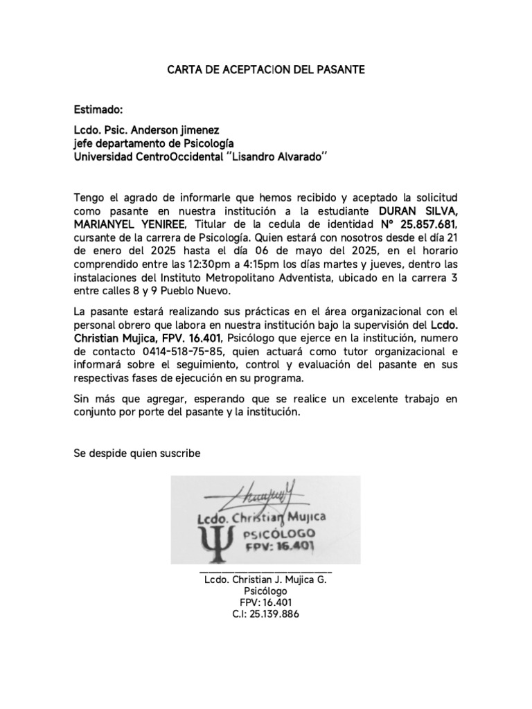 Carta de Aceptacion de Pasante | PDF