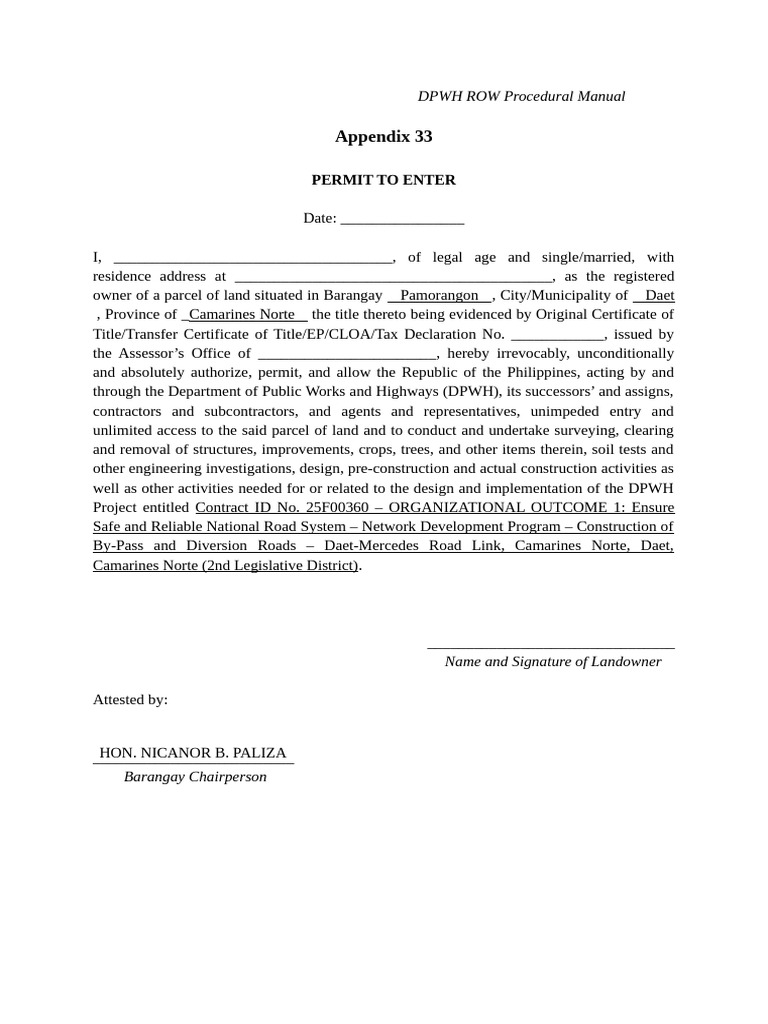 DPWH Permit to Enter Guidelines | PDF