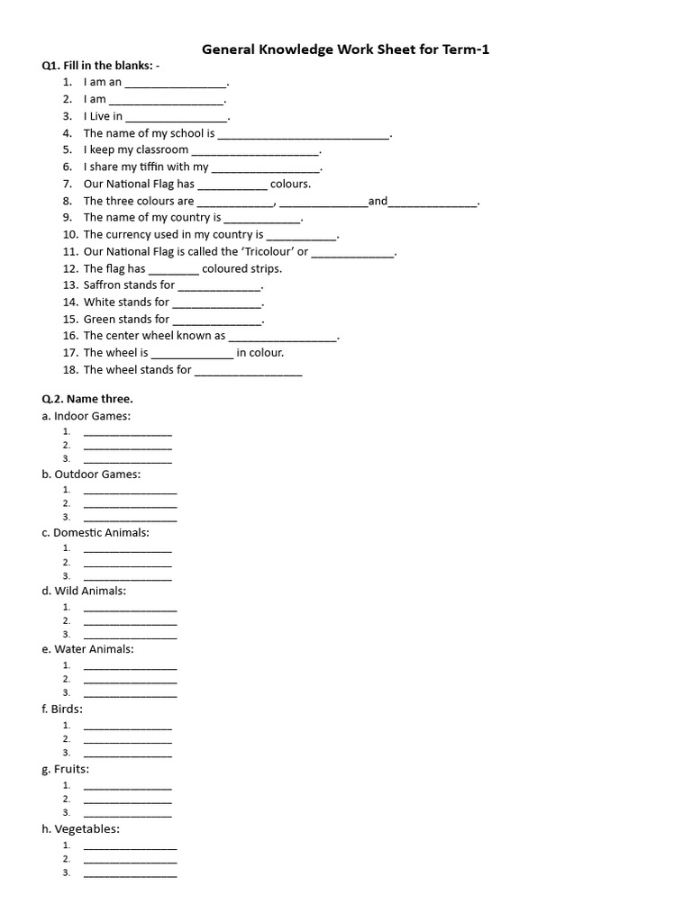 General Knowledge Work Sheet For Term | PDF