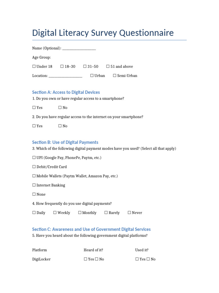 Digital Literacy Survey Questionnaire | PDF