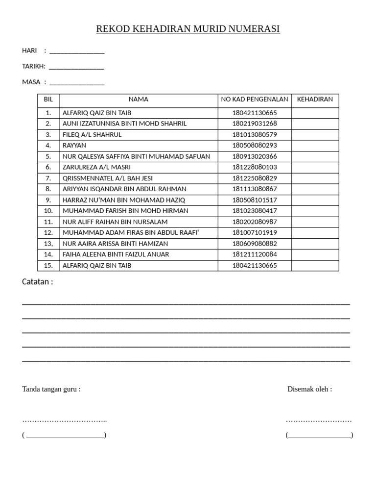 Rekod Kehadiran Murid Numerasi | PDF