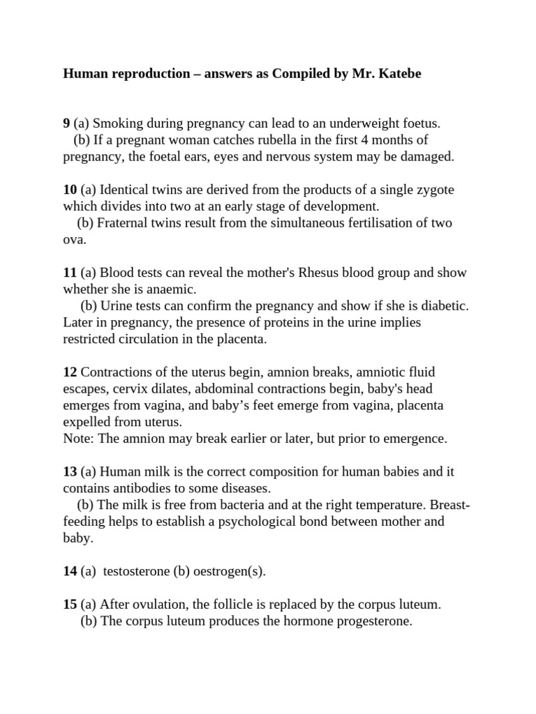 Human Reproduction Answers To Page Two Questions | PDF