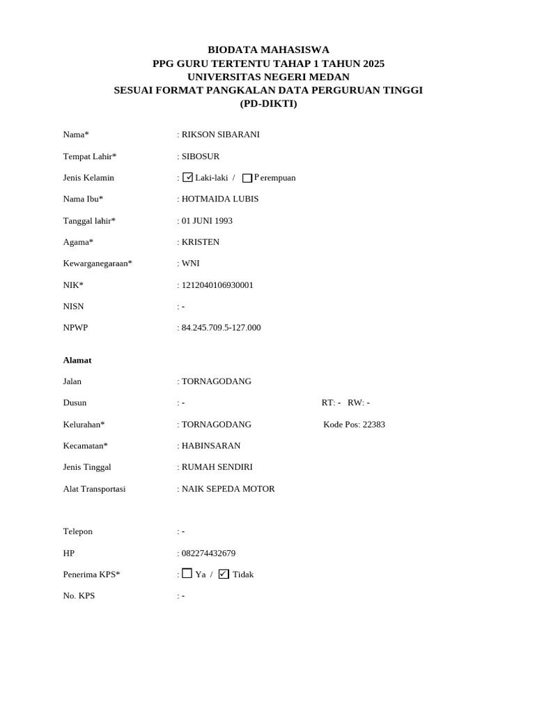 Biodata Mahasiswa PPG Guru Tertentu_Rikson Sibarani_Tekni Ketenagalistrikan-1 | PDF