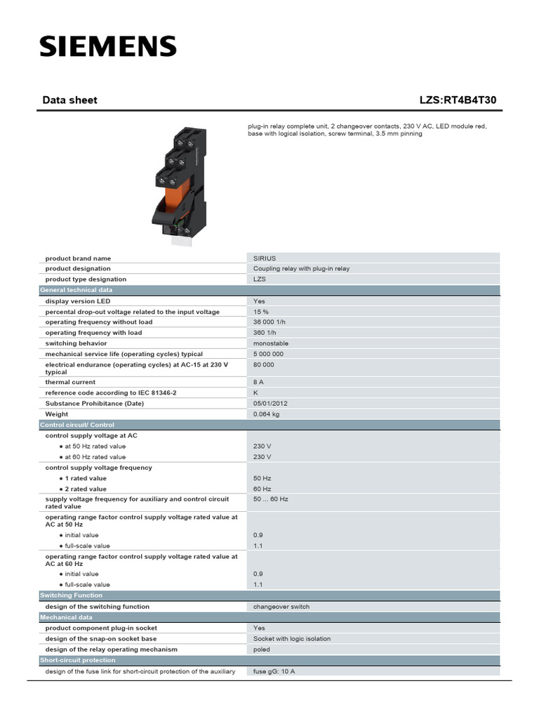 Siemens LZS:RT4B4T30 Relay Data Sheet | PDF | Relay | Alternating Current