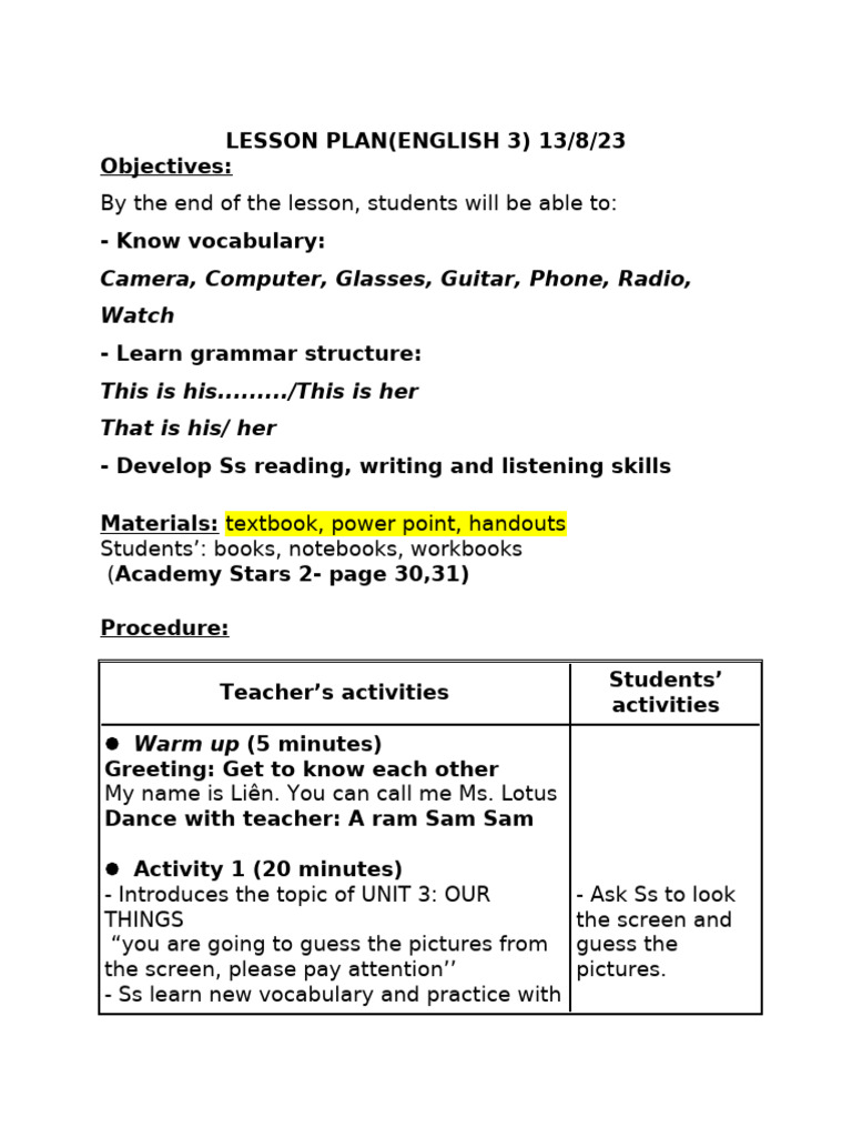 M5 Writing Instructions for Activities Role Play in the Lesson Plan | PDF | Reading ...