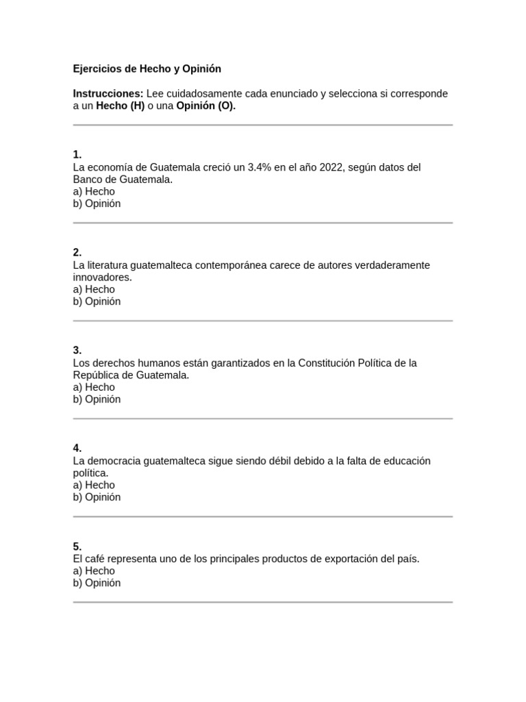 Ejercicios de Hecho y Opinión | PDF | Guatemala | Economias