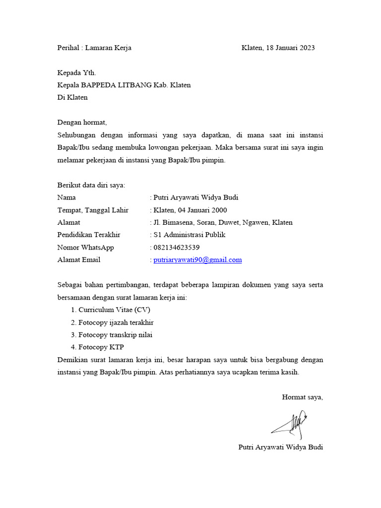 Surat Lamaran BAPPEDA | PDF