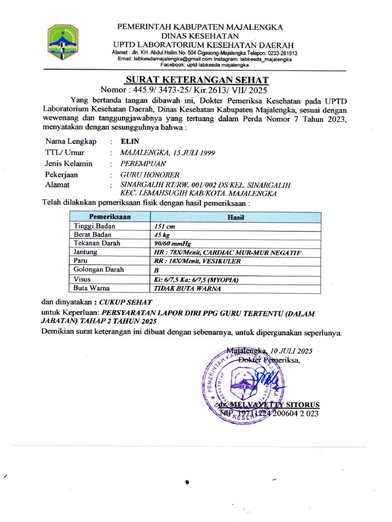 Surat Keterangan Sehat Elin | PDF