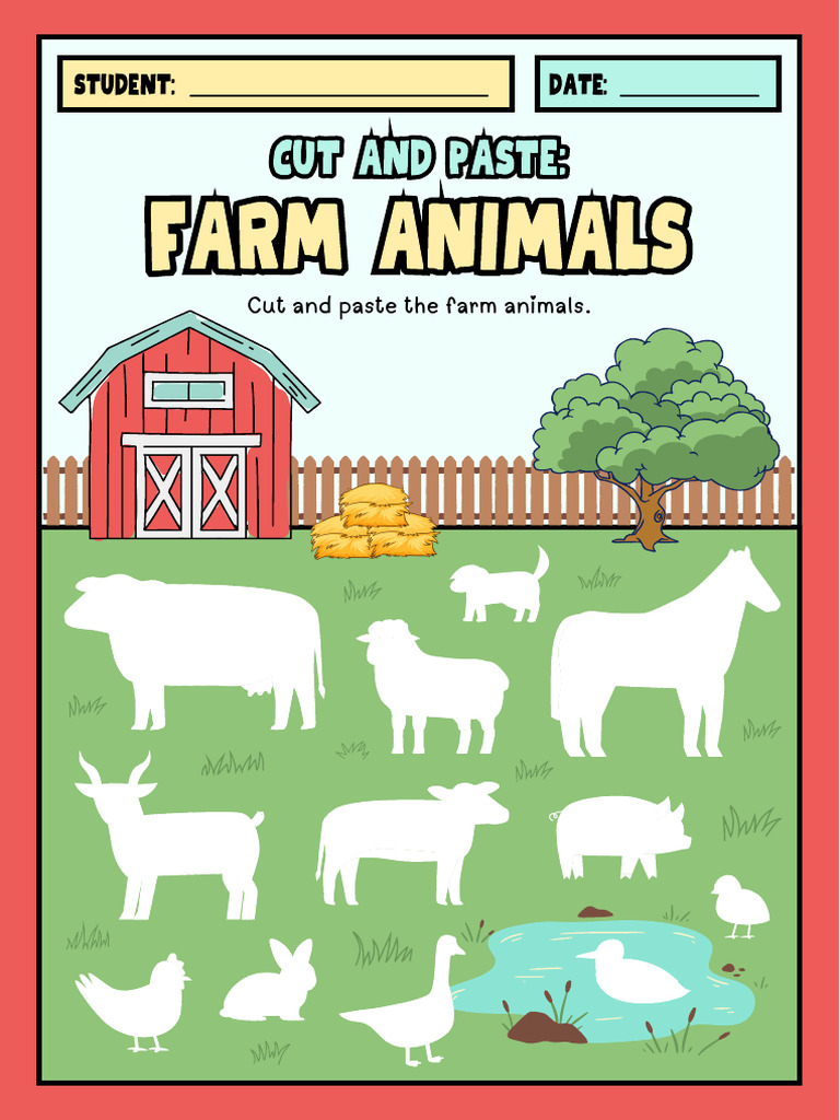Farm Animals Cut and Paste Worksheet in Red Yellow Illustrative Style | PDF