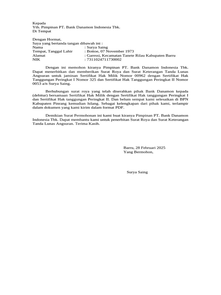 Surat Pernyataan Surat Roya | PDF