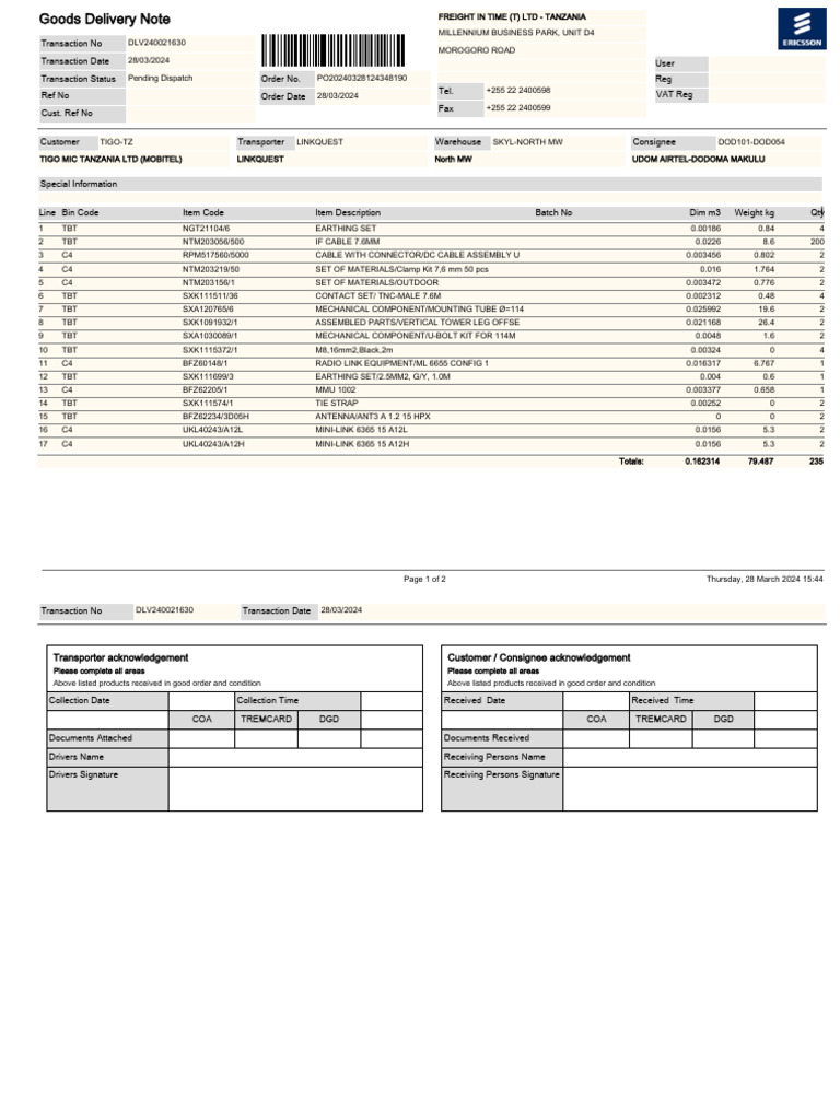 Goods Delivery Note - Dlv240021630-Udom Airtel-dodoma Makulu | PDF