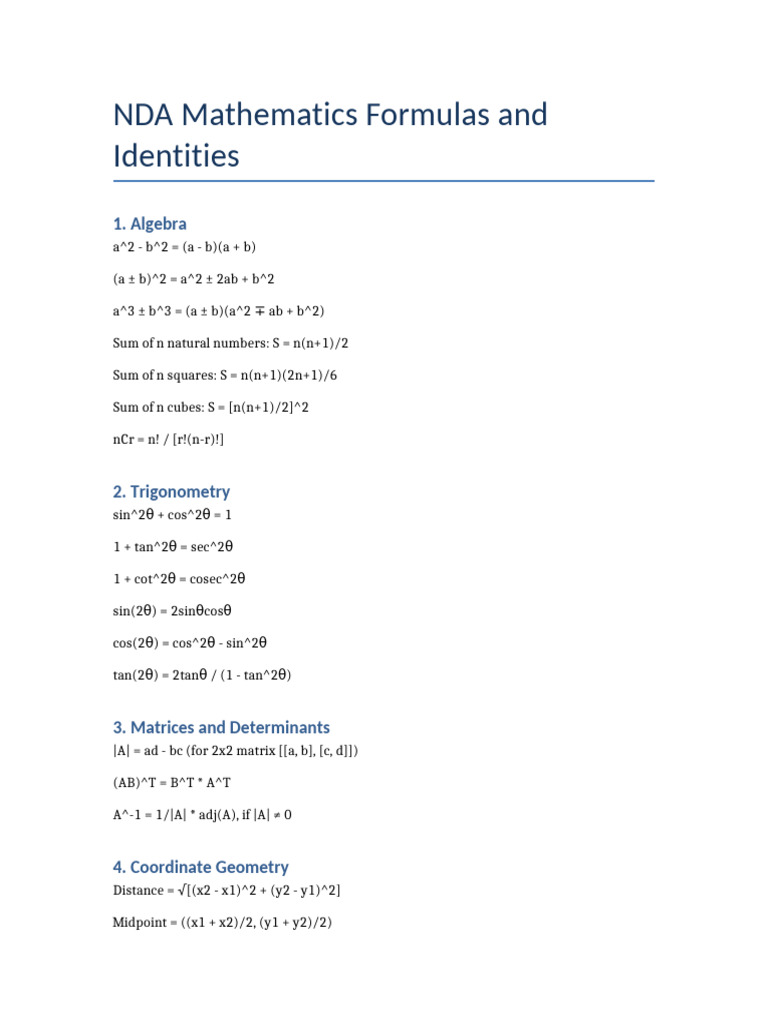 NDA Maths Formulas | PDF