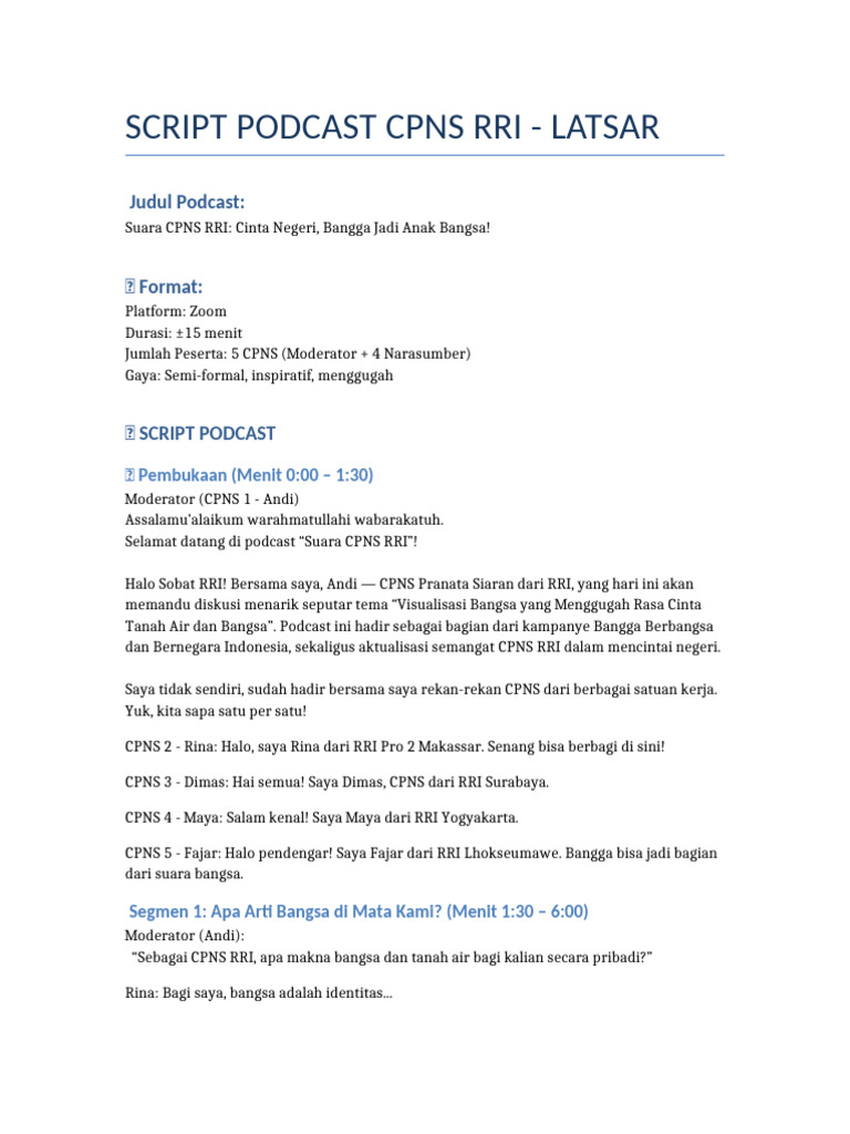 Script Podcast CPNS RRI - Visualisasi Bangsa | PDF