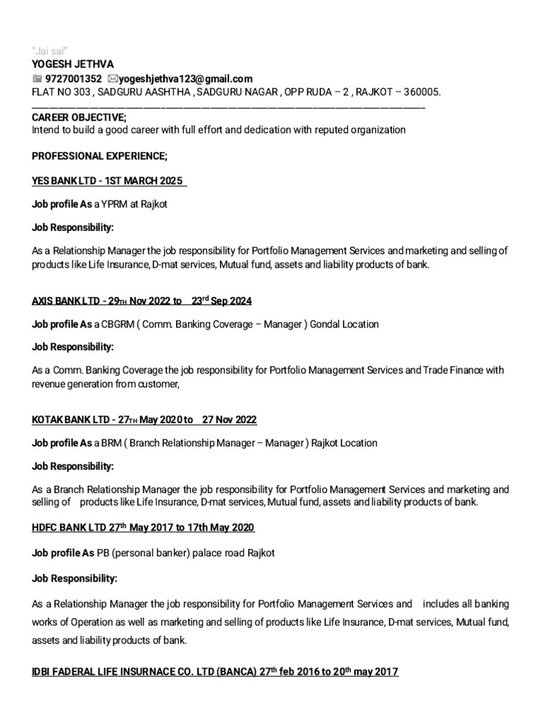 Jethwa Yogesh RESUME 2024 | PDF | Banks | Financial Services