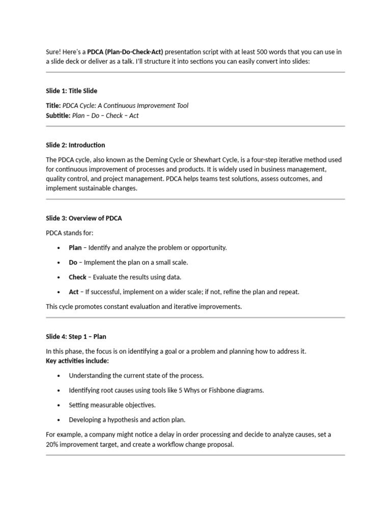 PDCA Presentation PDCA Cycle: A Continuous Improvement Tool | PDF | Methodology | Evaluation