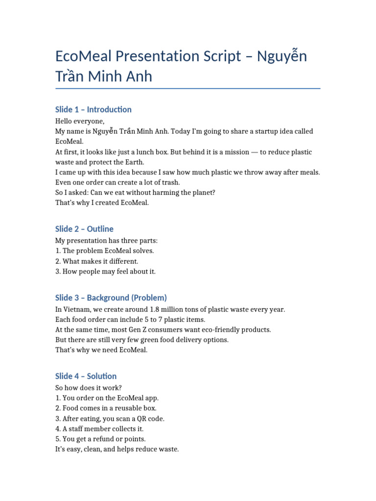 EcoMeal Presentation Script NguyenTranMinhAnh | PDF