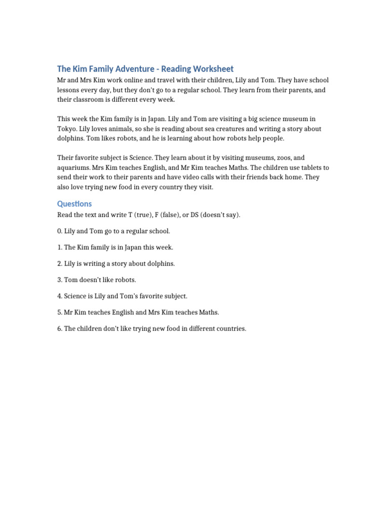 Kim_Family_Reading_Worksheet | PDF