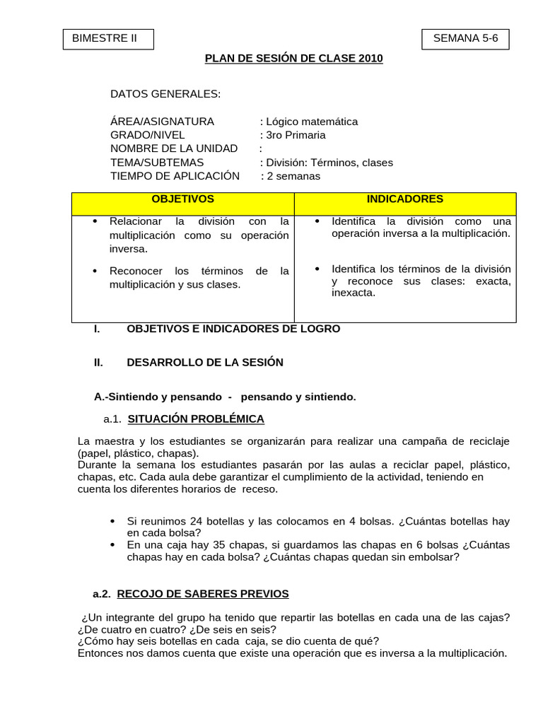 Plan de Clase: División en Primaria | PDF | División (Matemáticas ...