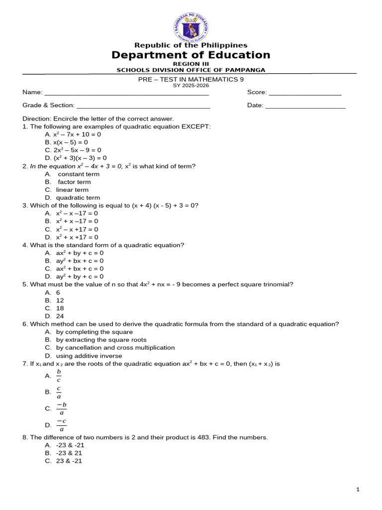 Pre-Test for Mathematics 9 | PDF | Quadratic Equation | Triangle