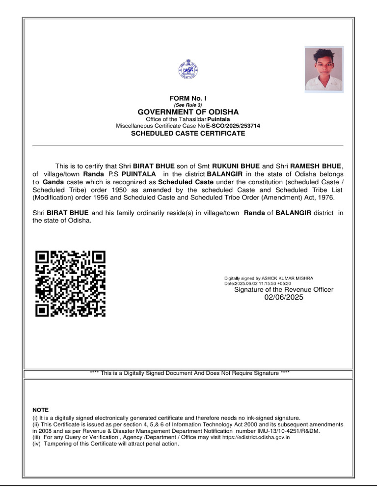 Schedule Caste Certificate. | PDF