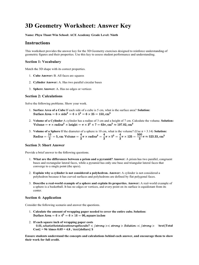 3D Geometry Worksheet - Answer Key | PDF