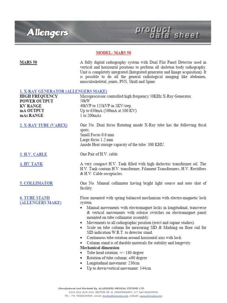 Product Datasheet Allengers Mars 50 | PDF | Computer Monitor | Radiography